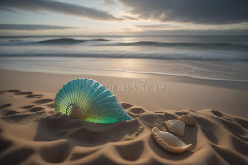 Seashells in the Sand on a Beach at Sunset. Generative Ai Stock ...