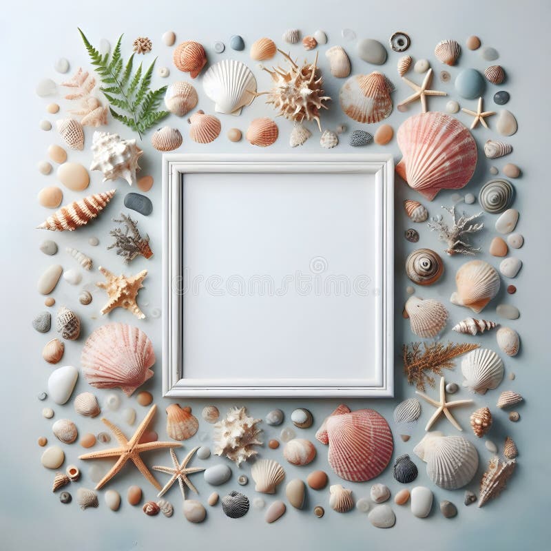 Seashells and Sand Frame on a White Background Stock Illustration ...
