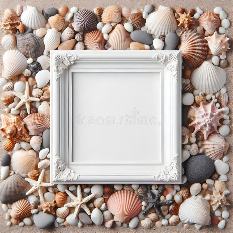 Seashells and Sand Frame on a White Background Stock Photo - Image of ...