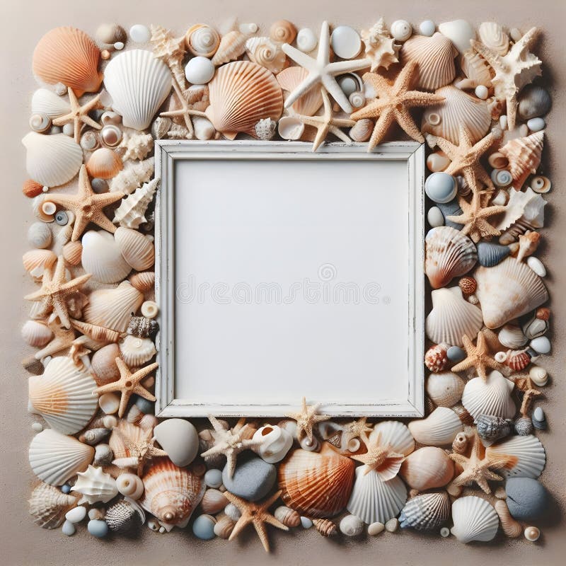 Seashells and Sand Frame on a White Background Stock Image - Image of ...