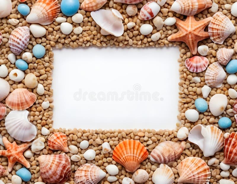 Seashells and Sand Frame on a White Background Stock Photo - Image of ...