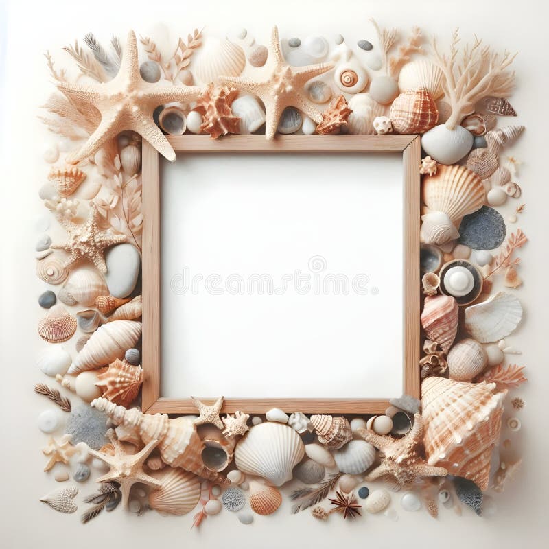 Seashells and Sand Frame on a White Background Stock Illustration ...