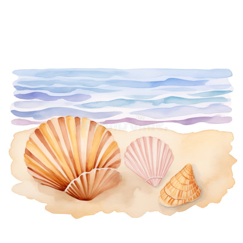 Seashells on Sandy Beach with Blue Ocean Waves in the Background Stock ...