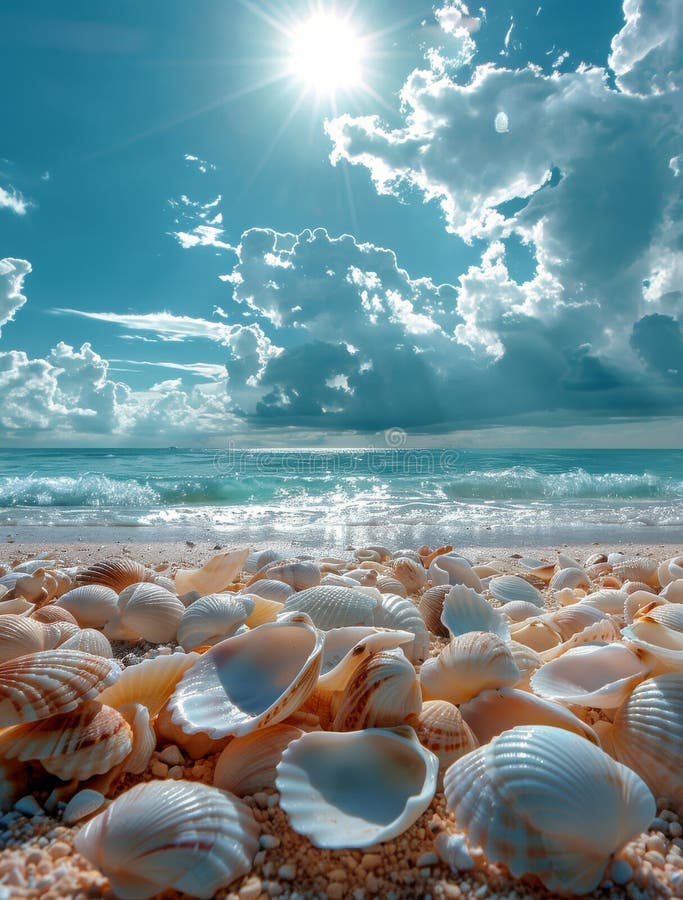 Seashells on a Sandy Beach with a Clear Blue Sky and Waves Stock Photo ...