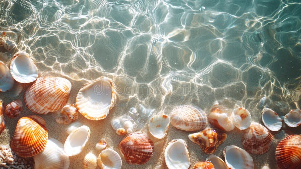 Seashells on Sandy Beach with Clear Ocean Water Stock Illustration ...