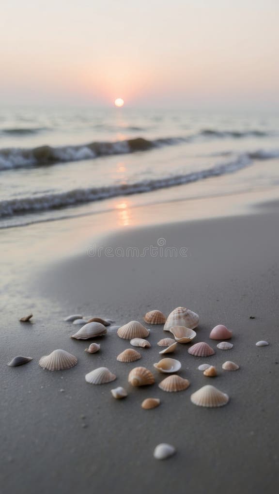 Seashells on Sandy Beach with Gentle Waves and Sunset Sky in Background ...