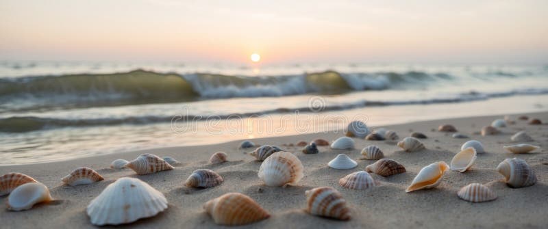 Seashells on Sandy Beach with Gentle Waves and Sunset Sky in Background ...