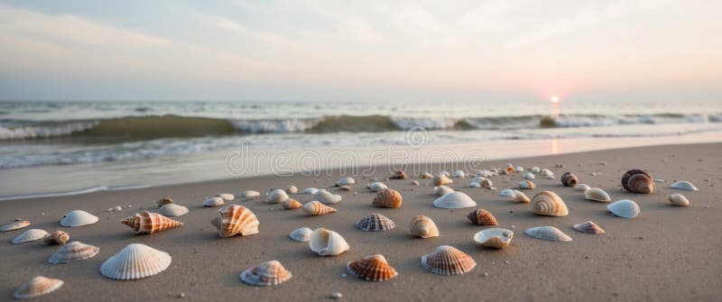 Seashells on Sandy Beach with Gentle Waves and Sunset Sky in Background ...