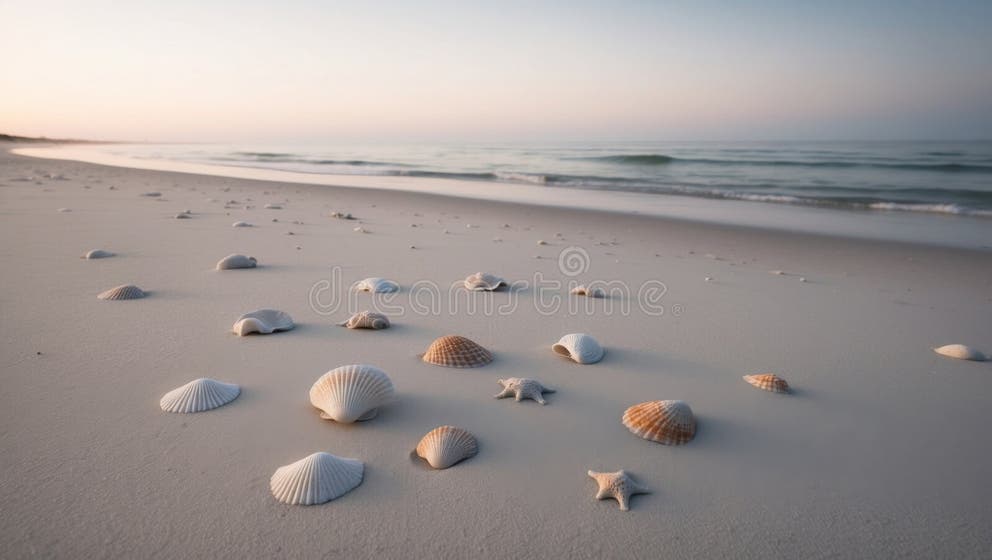 Seashells on Sandy Beach with Gentle Waves and Sunset Sky in Background ...