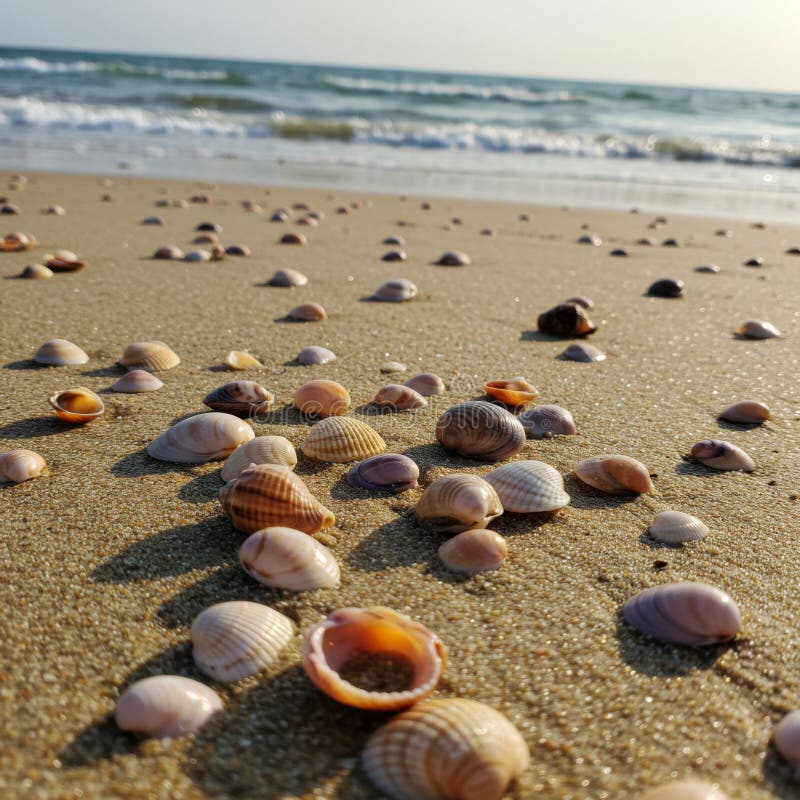 Seashells on Sandy Beach with Ocean Waves Stock Image - Image of ...