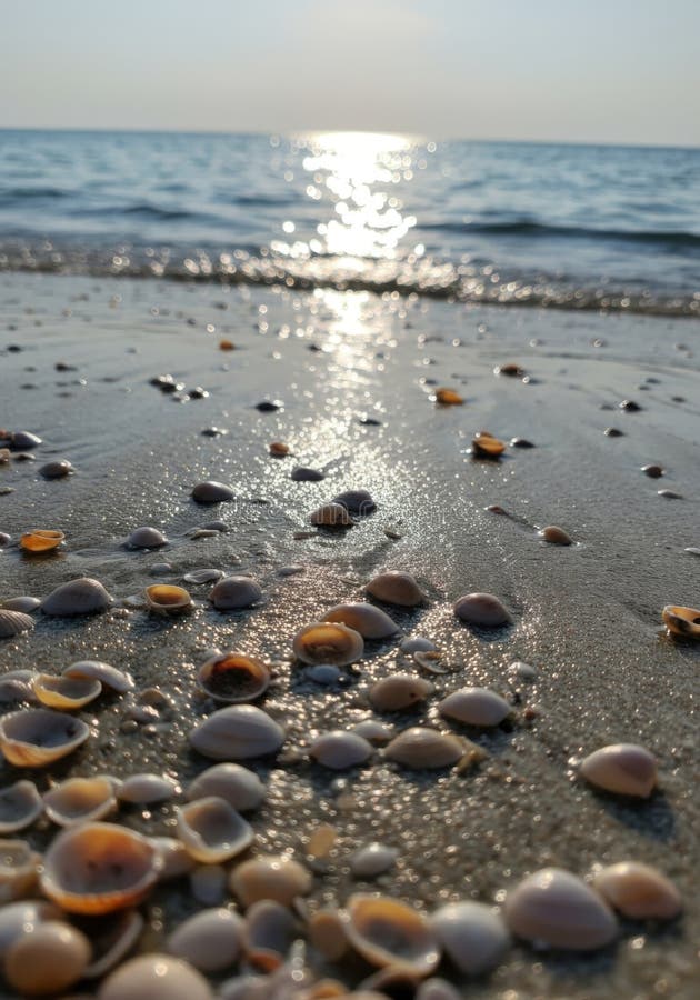 Seashells on Sandy Beach at Sunset Stock Illustration - Illustration of ...