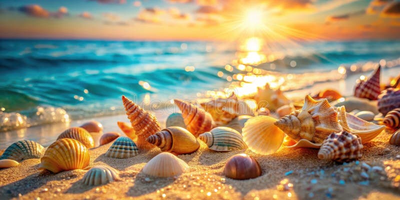 Seashells on a Sandy Beach at Sunset, Illuminated by the Golden ...