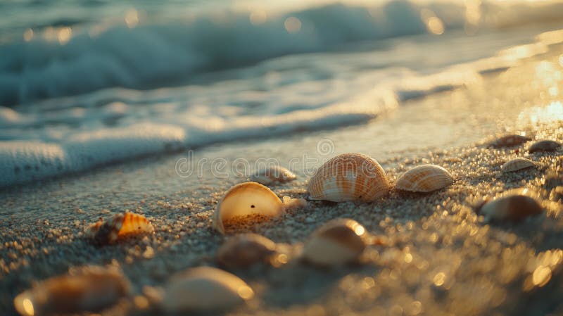 Seashells on Sandy Beach at Sunset with Ocean Waves Stock Photo - Image ...