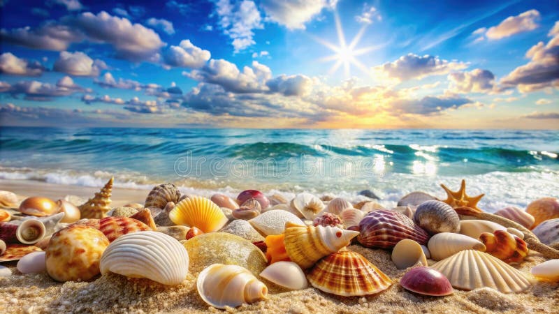 Seashells on Sandy Beach at Sunset with Ocean Waves. Generative AI ...