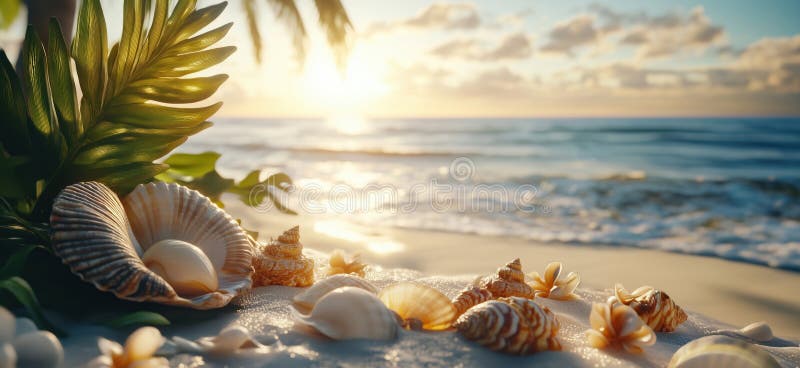 Seashells on Sandy Beach at Sunset with Ocean Waves and Tropical ...