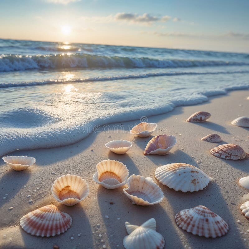 Seashells Scattered on Beach with Gentle Waves Under Warm Sunset Light ...