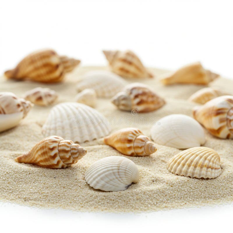 Seashells Scattered on Fine Sand, Showcasing a Variety of Shapes and ...