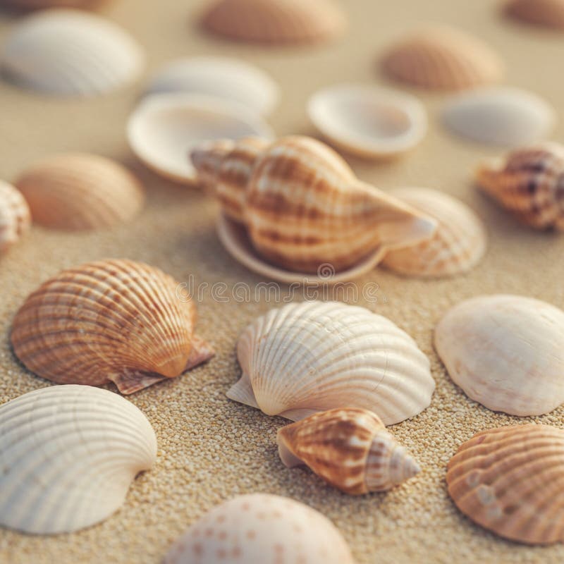 Seashells Scattered on Sand, Showcasing Various Shapes and Sizes. the ...