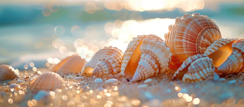 Seashells Scattered on Sandy Beach Stock Image - Image of waves ...