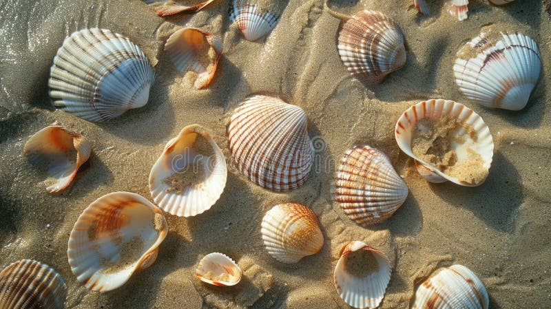 Seashells Scattered on Sandy Beach, Creating a Beautiful Natural ...