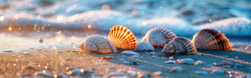 Seashells Scattered on a Sandy Beach at Sunset, with Gentle Waves ...