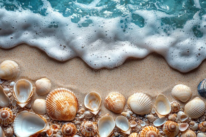 Seashells and Sea Foam on Sandy Beach Create Serene Coastal Scene Stock ...