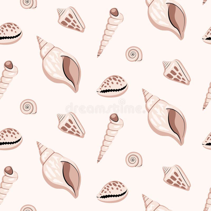 Seashells Seamless Pattern on Beige Background in Cartoon Style Stock ...