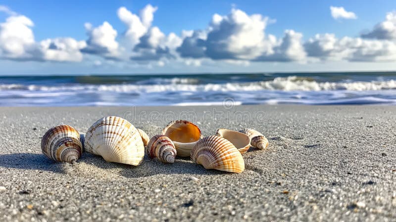 Seashells on Soft Sand with Sea in Distance. Stock Photo - Image of ...