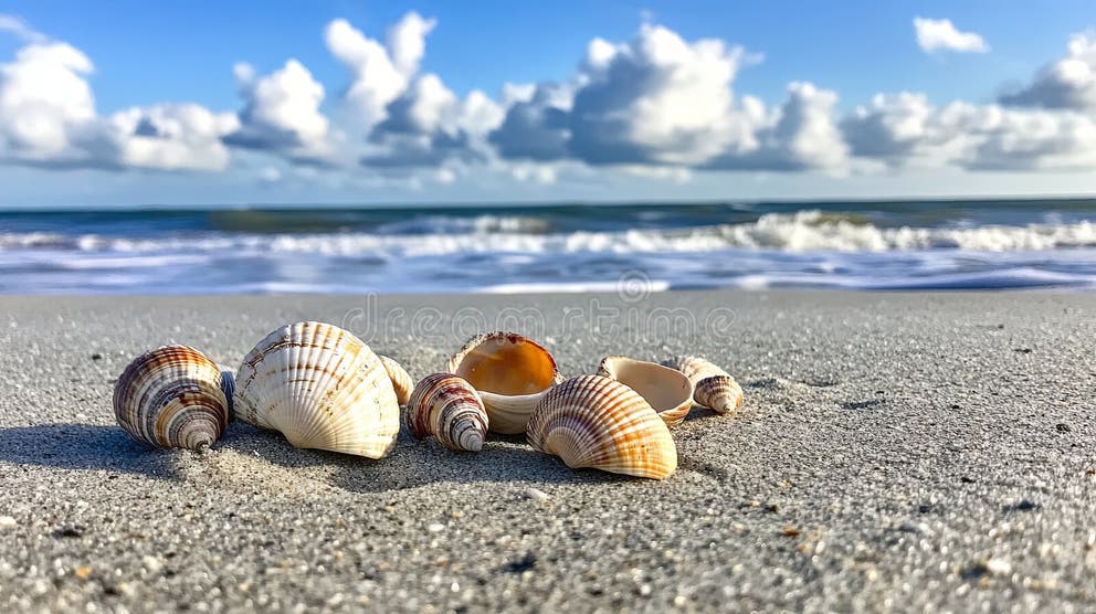 Seashells on Soft Sand with Sea in Distance. Stock Photo - Image of ...