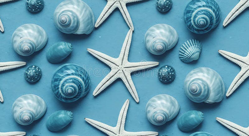 Seashells and Starfish are Arranged on a Blue Background. the Shells ...