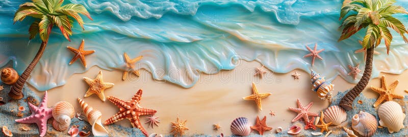 Seashells and Starfish Arranged on Sandy Beach with Ocean Wave in ...