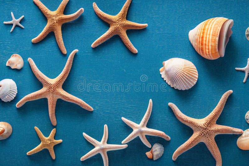 Seashells and Starfish on a Blue Background Summer Concept Stock ...