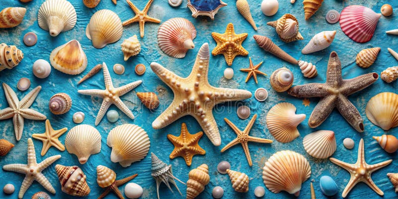 Seashells and Starfish on Blue Background, Top View, Flat Lay, Ocean ...