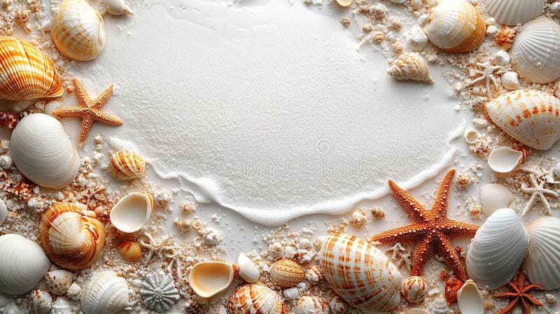 Seashells and Starfish Border on White Sand Background Stock ...
