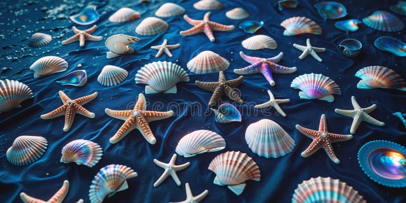 Seashells and Starfish on Dark Blue Background. Stock Image - Image of ...