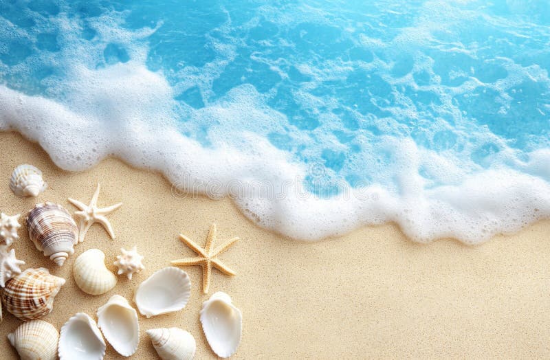 Seashells and Starfish on Sandy Beach with Ocean Waves Stock Photo ...