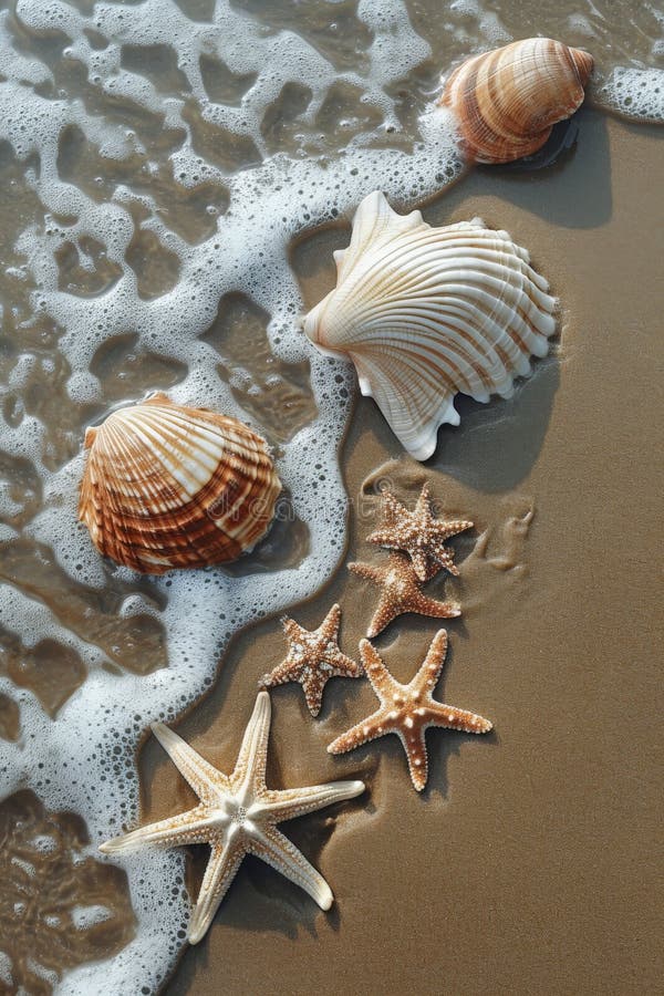 Seashells and Starfish on Beach Sand Stock Illustration - Illustration ...