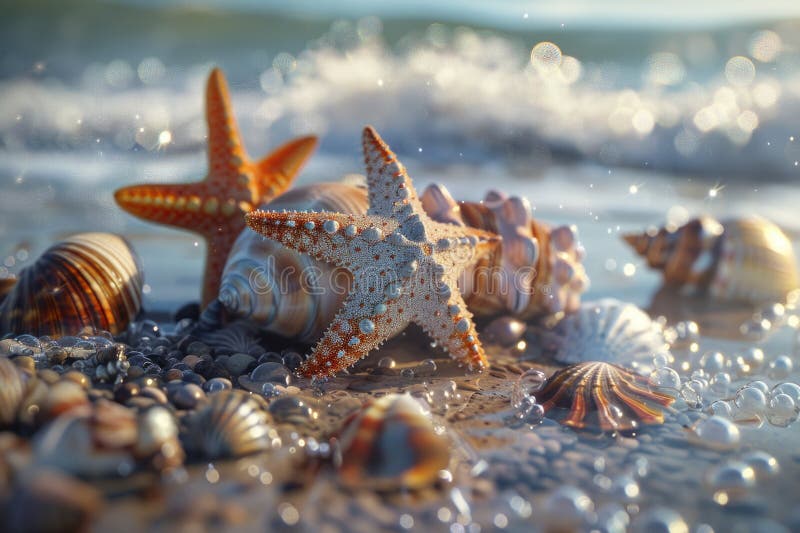 Seashells and Starfish Scattered on a Sandy Beach, Perfect for Coastal ...