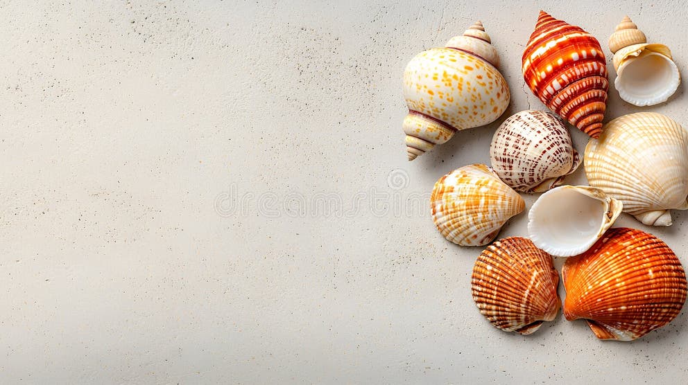 Seashells on Textured Background Orange, White, and Brown Shells ...