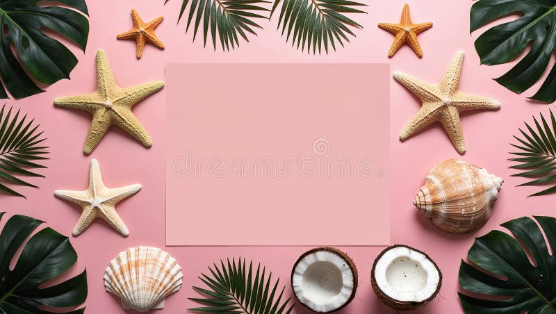 Seashells and Tropical Leaves Border on Pink Summer Backdrop Stock ...