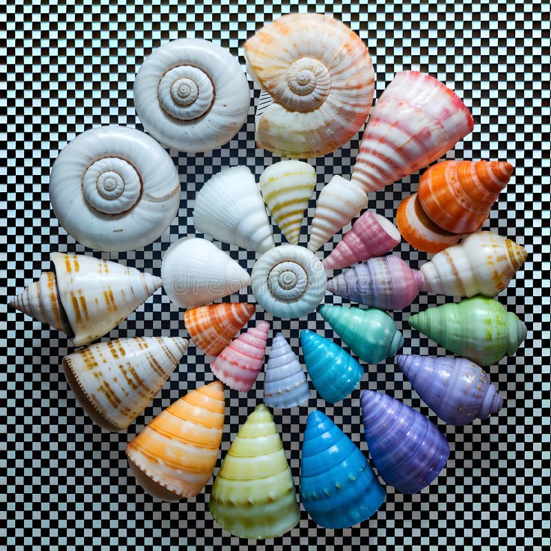 Vibrant Spiral Arrangement of Diverse Seashells on Transparent ...