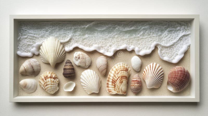 Seashell Arrangement in White Frame Miniature Beach Scene Stock ...
