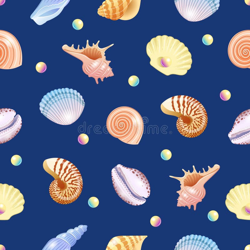 Seashells Vector Seamless Pattern on Blue Background with Shells and ...