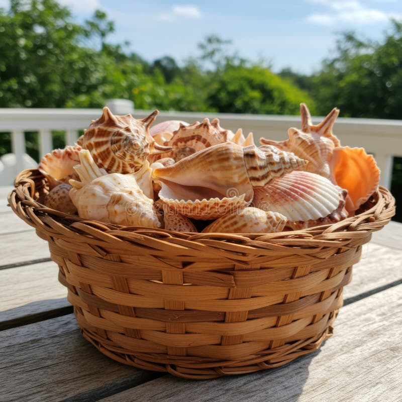 Seashells in a Wicker Basket Outdoors Stock Image - Image of ...