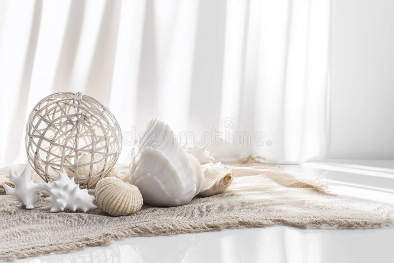 Elegant Seashell Arrangement in Neutral Tones with Woven Sphere for Spa ...