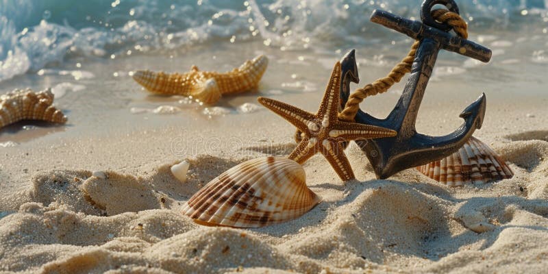 Seashore with Anchor and Shells Stock Image - Image of nautical, pirate ...