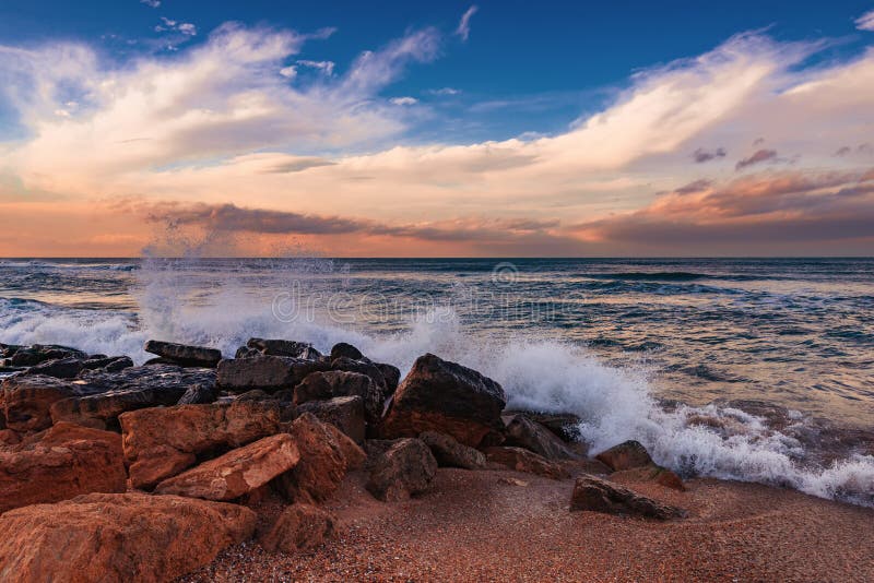 Seashore with Cliffs, Waves Crashing on Rocks Stock Image - Image of ...