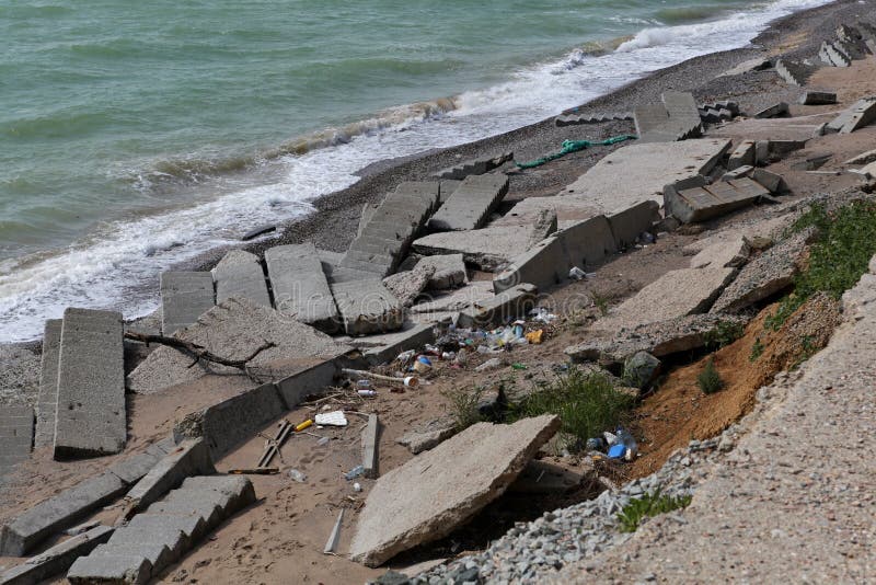 Seashore, Destruction after Storm. Destroyed Concrete Structures and ...