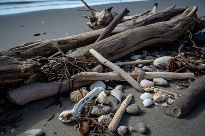 Seashore with Driftwood and Shells, Ready for Beachcombing Adventures Stock Photo - Image of ...