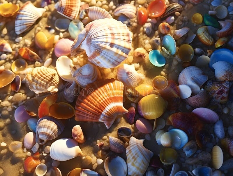 Seashore and Multi-colored 3D Shells of Various Shapes. Stock Image ...